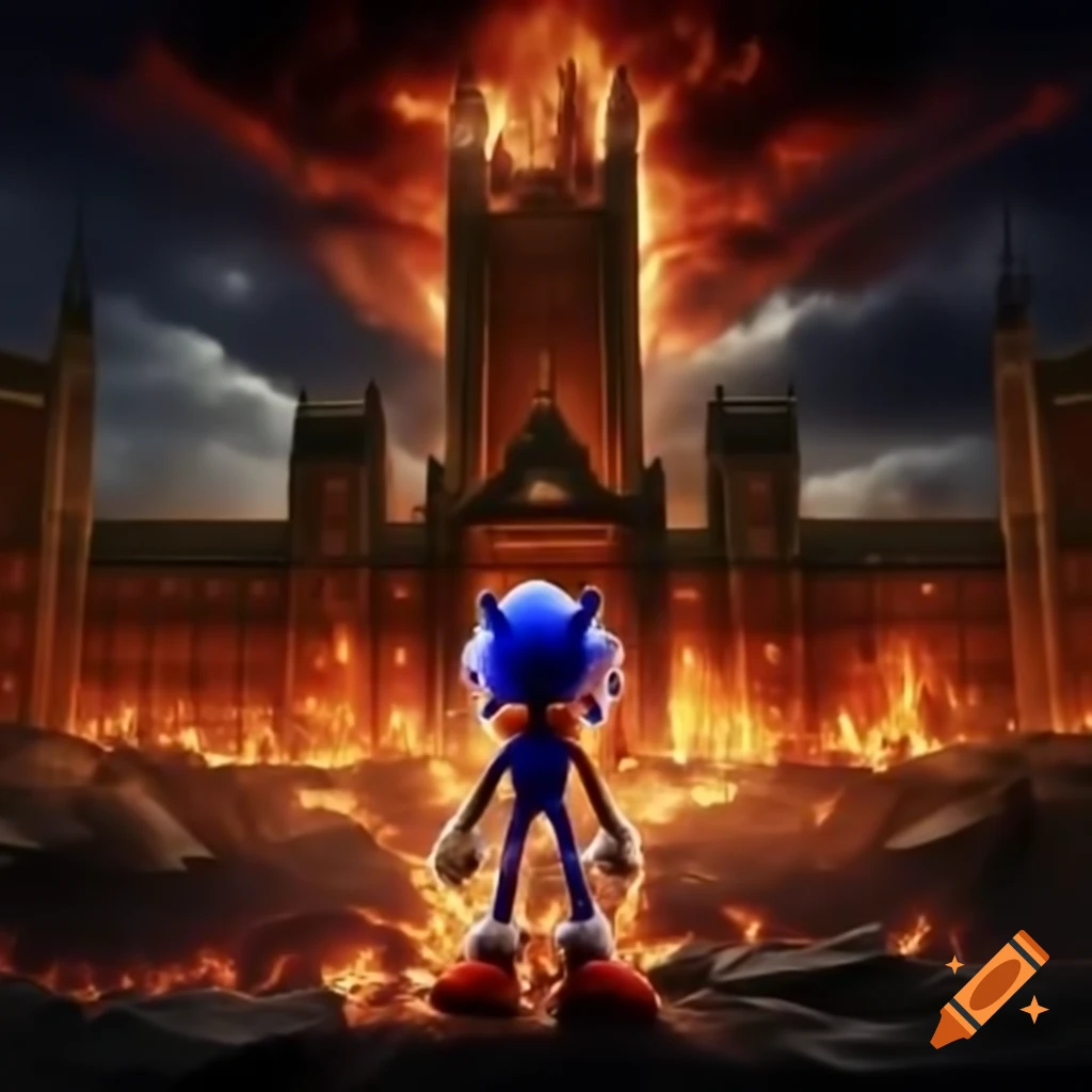 Sonic observing a burning parliament building on Craiyon