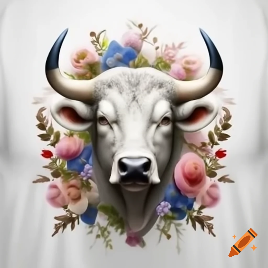 Design for white t-shirt featuring bull and blooming flowers with ...