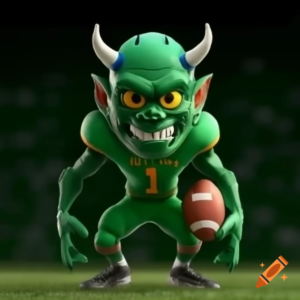Green demon character playing football on Craiyon