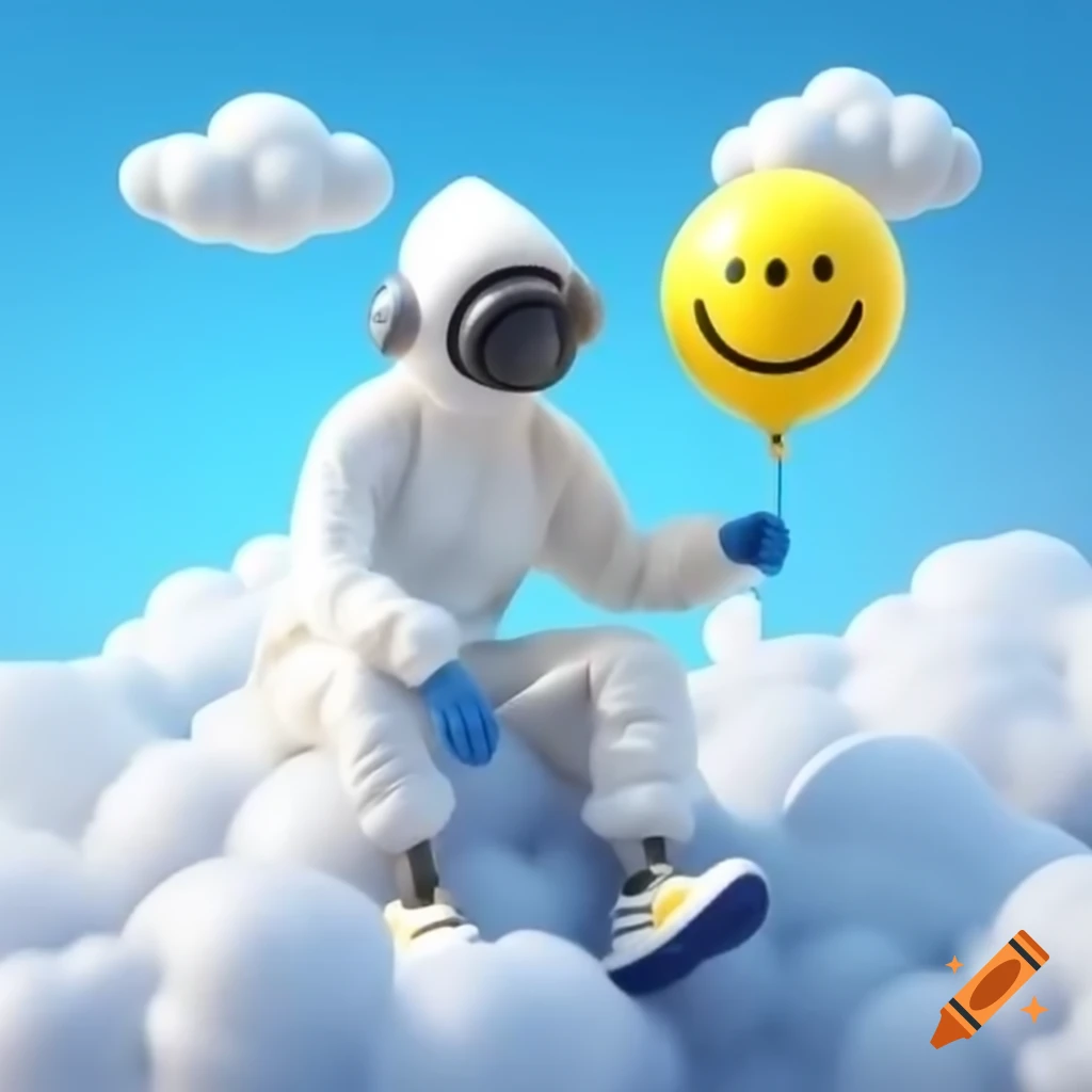 Rapper in hazmat suit sitting in clouds, holding yellow balloon and ...