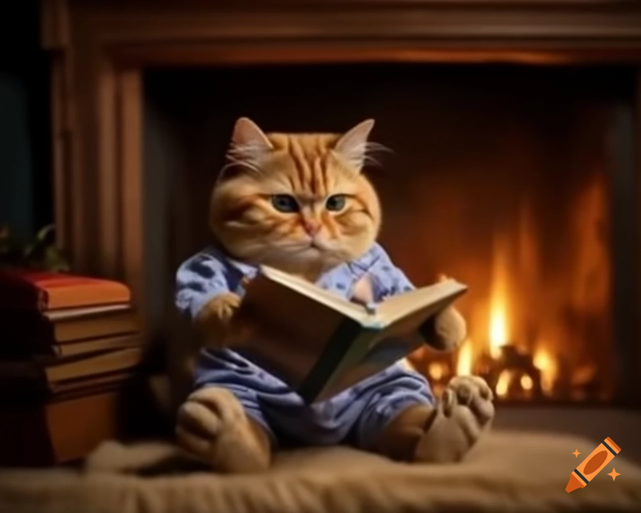 Anthropomorphic cat in pajamas reading by the fireplace in cozy ...