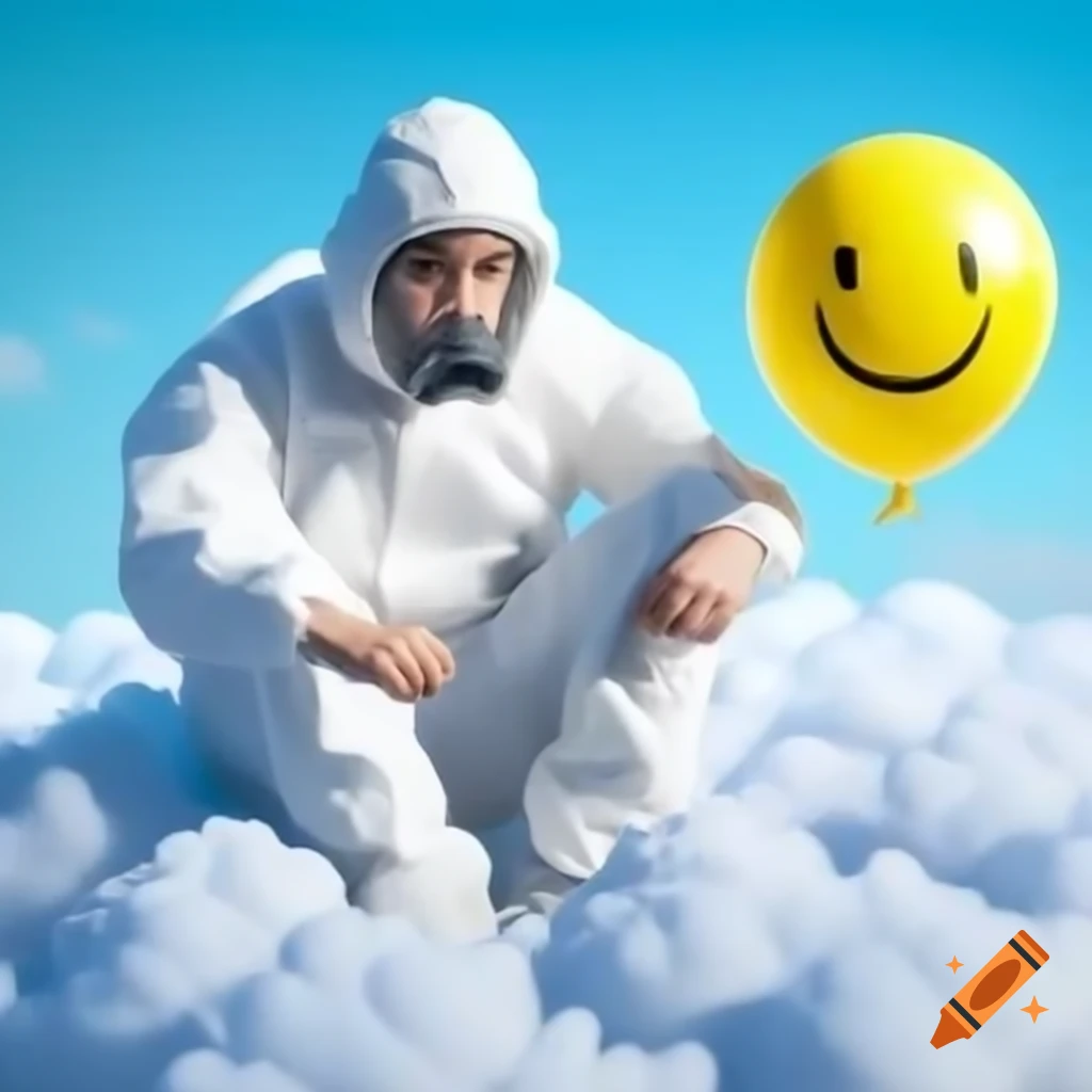 Rapper in hazmat suit sitting in clouds, holding yellow balloon and ...