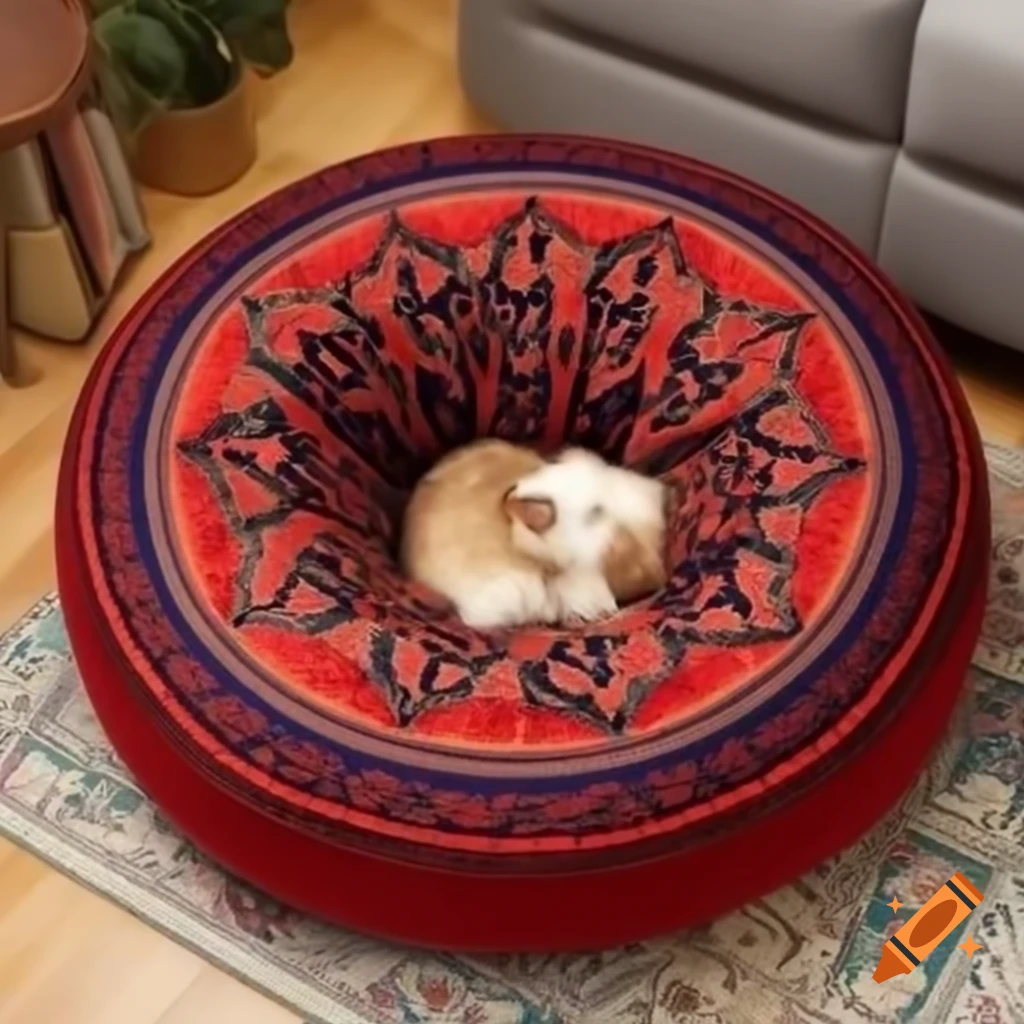 Ottoman style round cat pillow featuring Persian carpet design on Craiyon