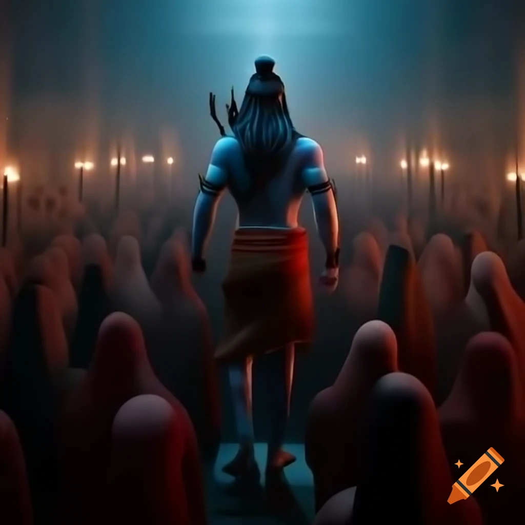 3D cinematic scene of Meluha people bowing to Shiva with blue neck on ...