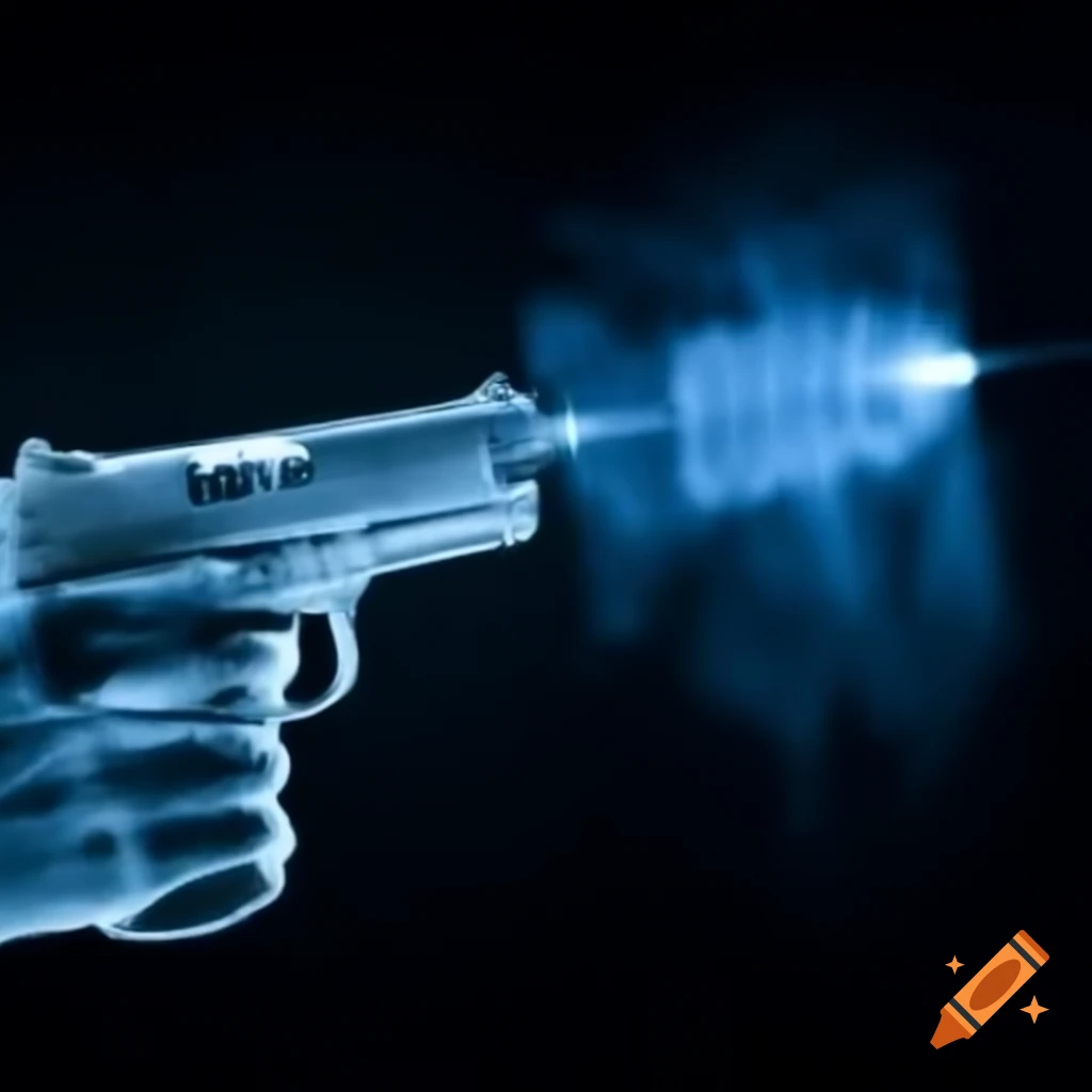 X-ray of side view of gun firing a tablet on Craiyon