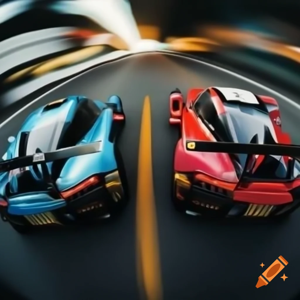 Low angle view of two racing street cars with motion blur on Craiyon