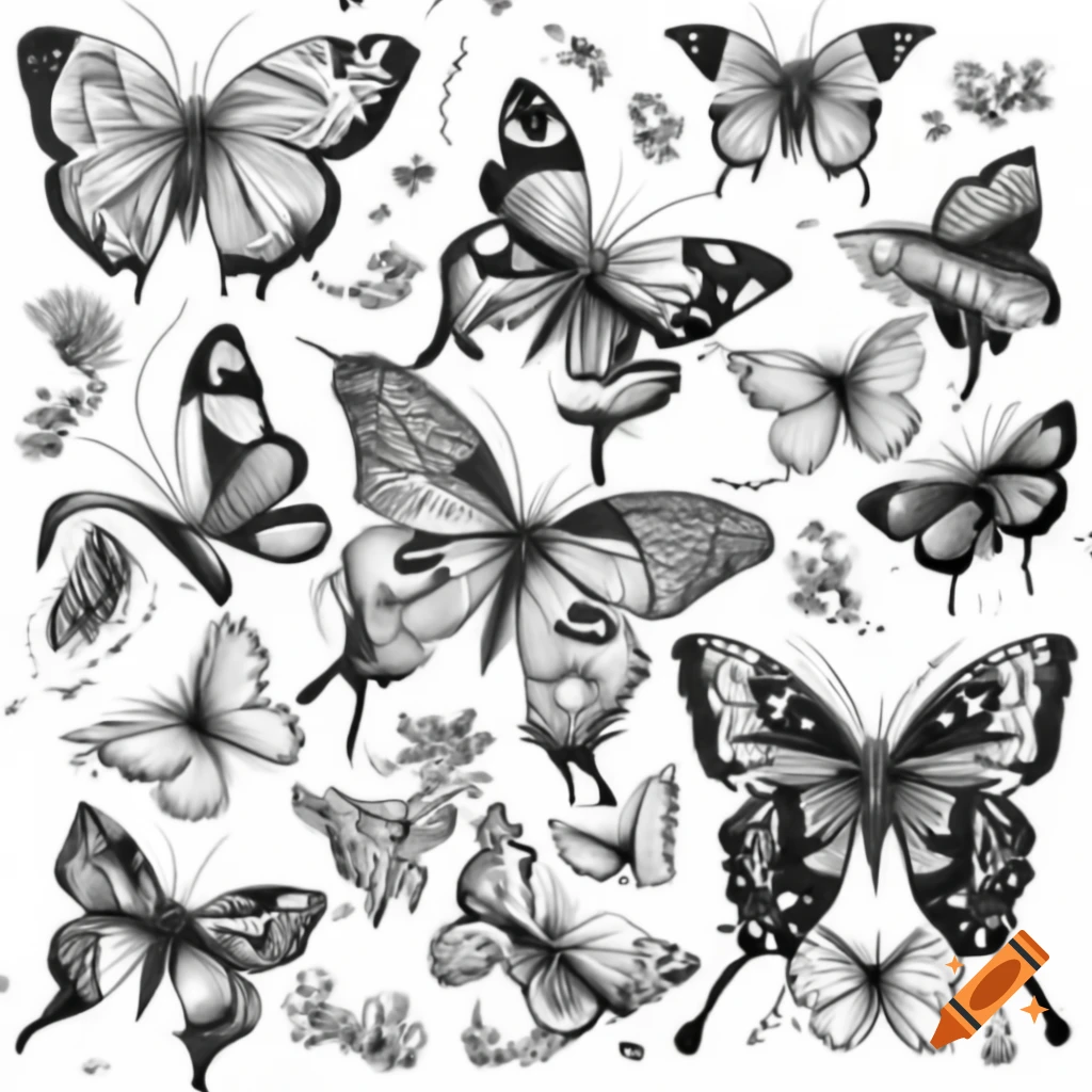 Surreal black and white ink drawing of butterflies in steampunk style ...