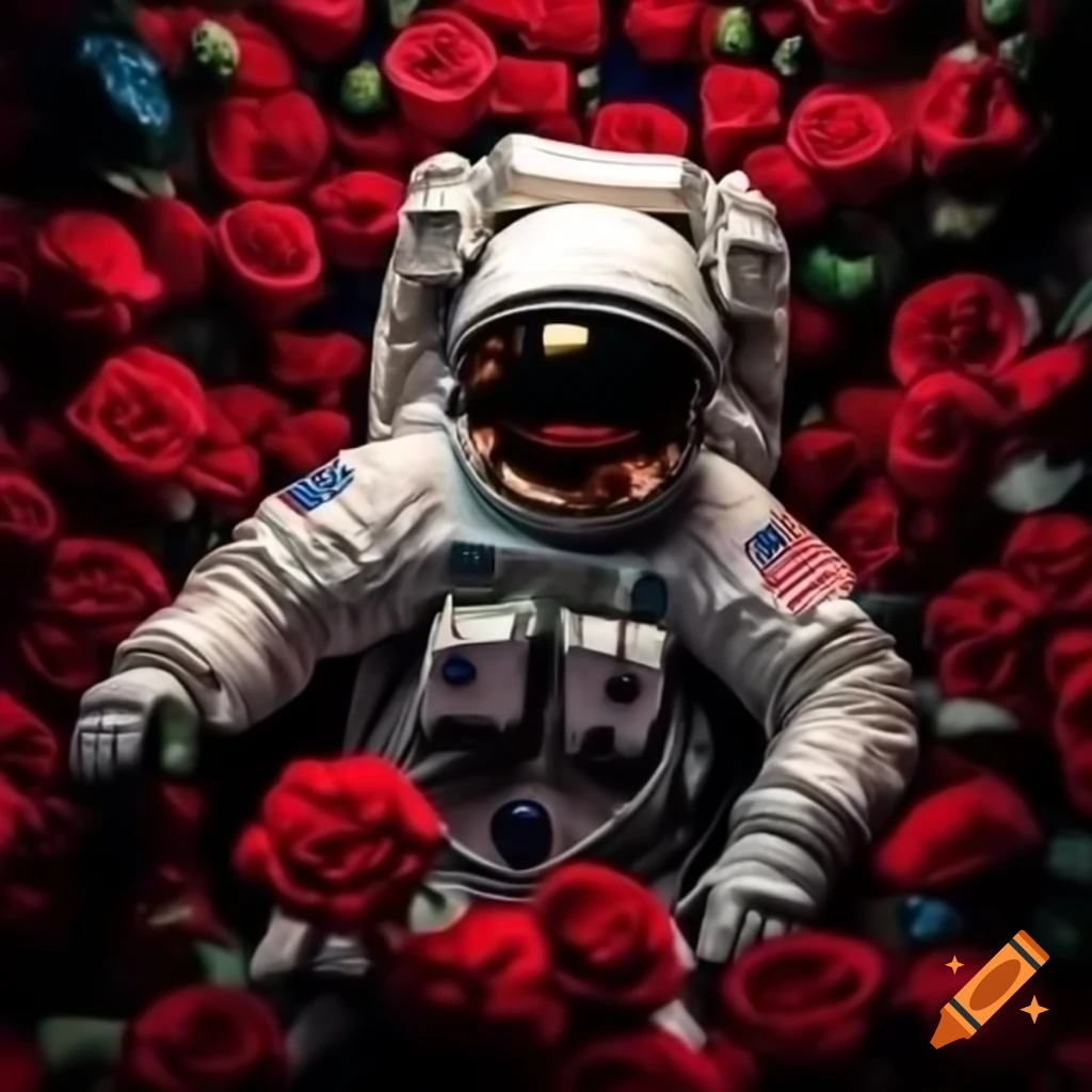 Astronaut in space surrounded by floating roses on Craiyon