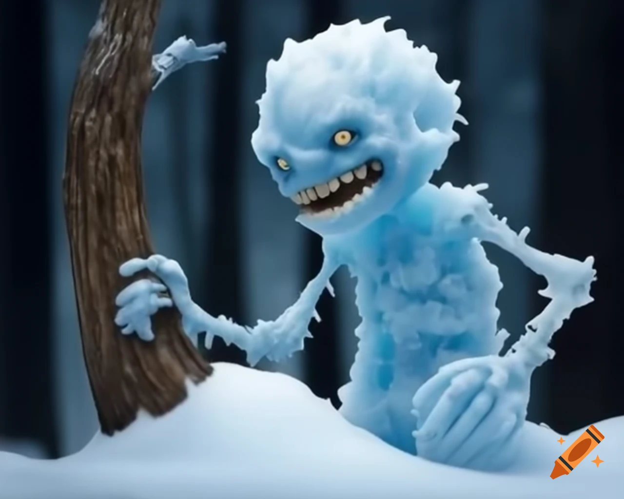 An ice golem eating a tree, hyper realistic, creepy, sharp teeth on Craiyon
