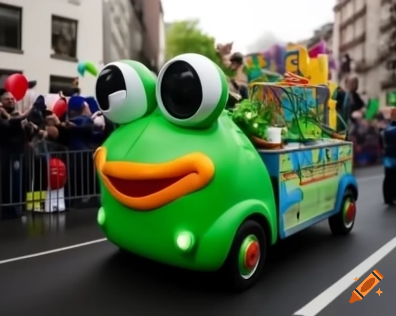 Frog themed truck at a joyful parade or carnival on Craiyon
