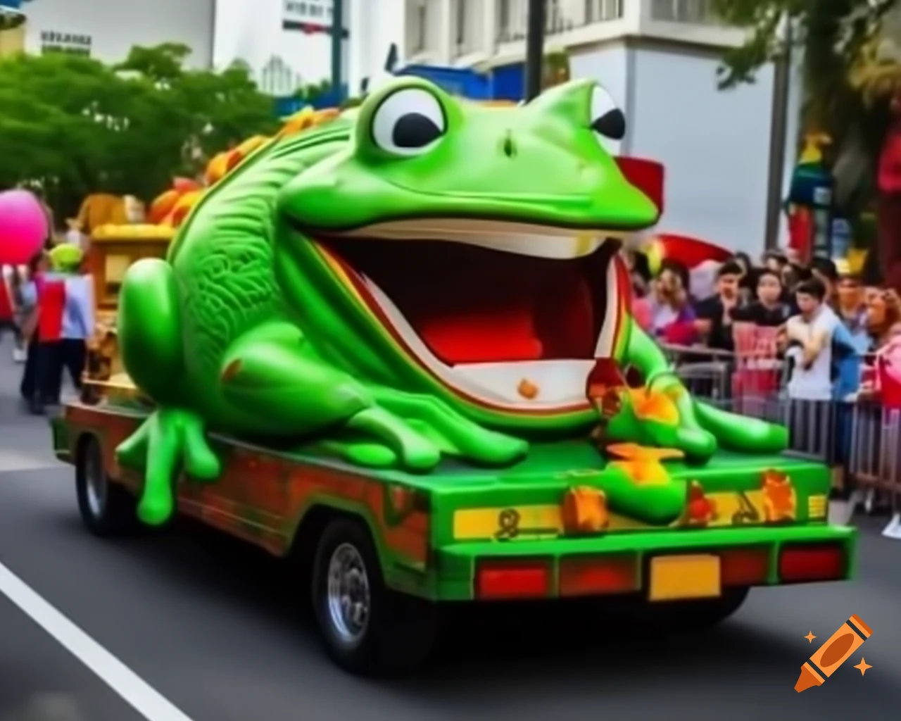 Frog themed truck at a vibrant carnival parade on Craiyon