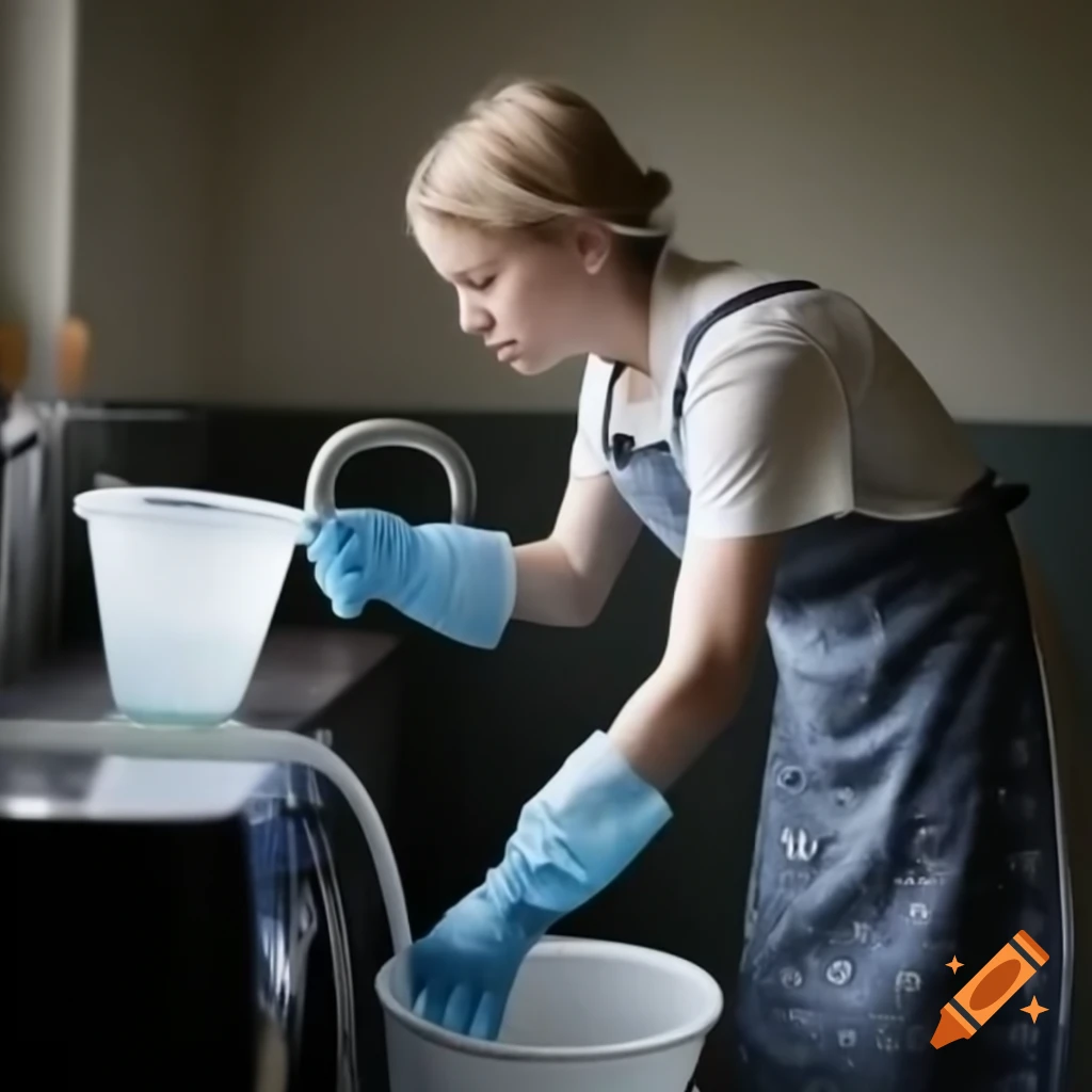 Caucasian woman in floral apron collecting soapy water from laundry ...