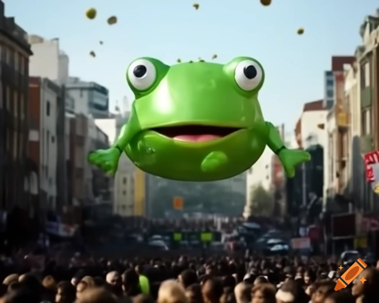 Giant parade balloon shaped like happy frog over crowded street on Craiyon