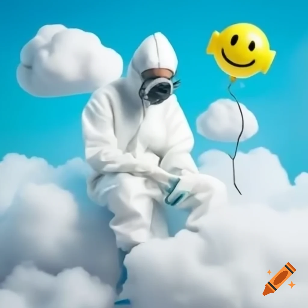 Rapper in white hazmat suit sitting in clouds holding yellow balloon on ...