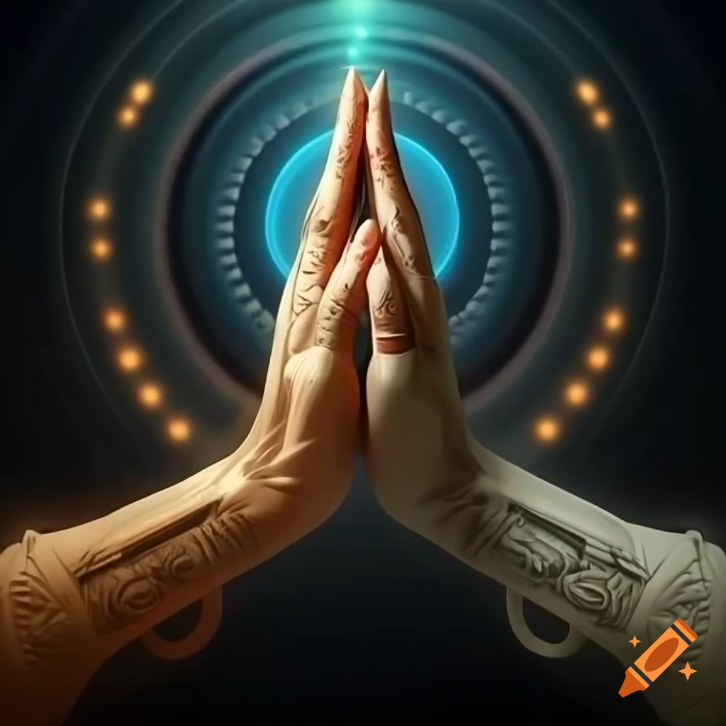 Two hands in Namaste gesture symbolizing human and artificial ...