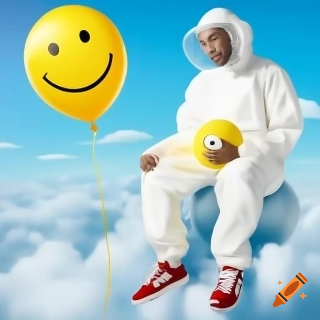 White rapper sitting in clouds holding yellow balloon, contemplating ...