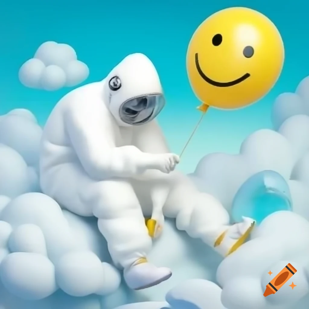 Rapper in hazmat suit sitting in clouds holding yellow balloon on Craiyon