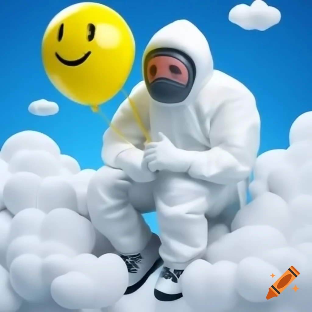 Rapper in hazmat suit sitting in clouds holding yellow balloon on Craiyon