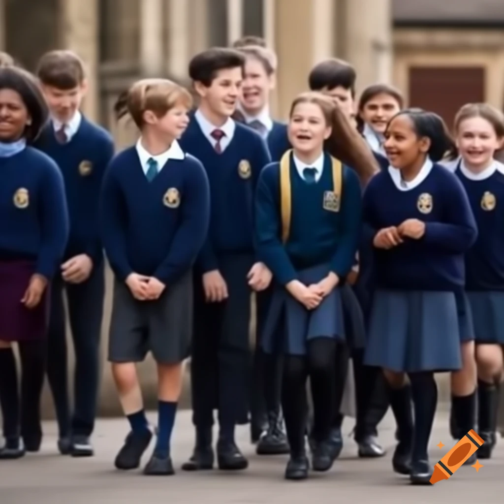 Group of Y7 pupils in UK wearing uniforms heading to class on Craiyon