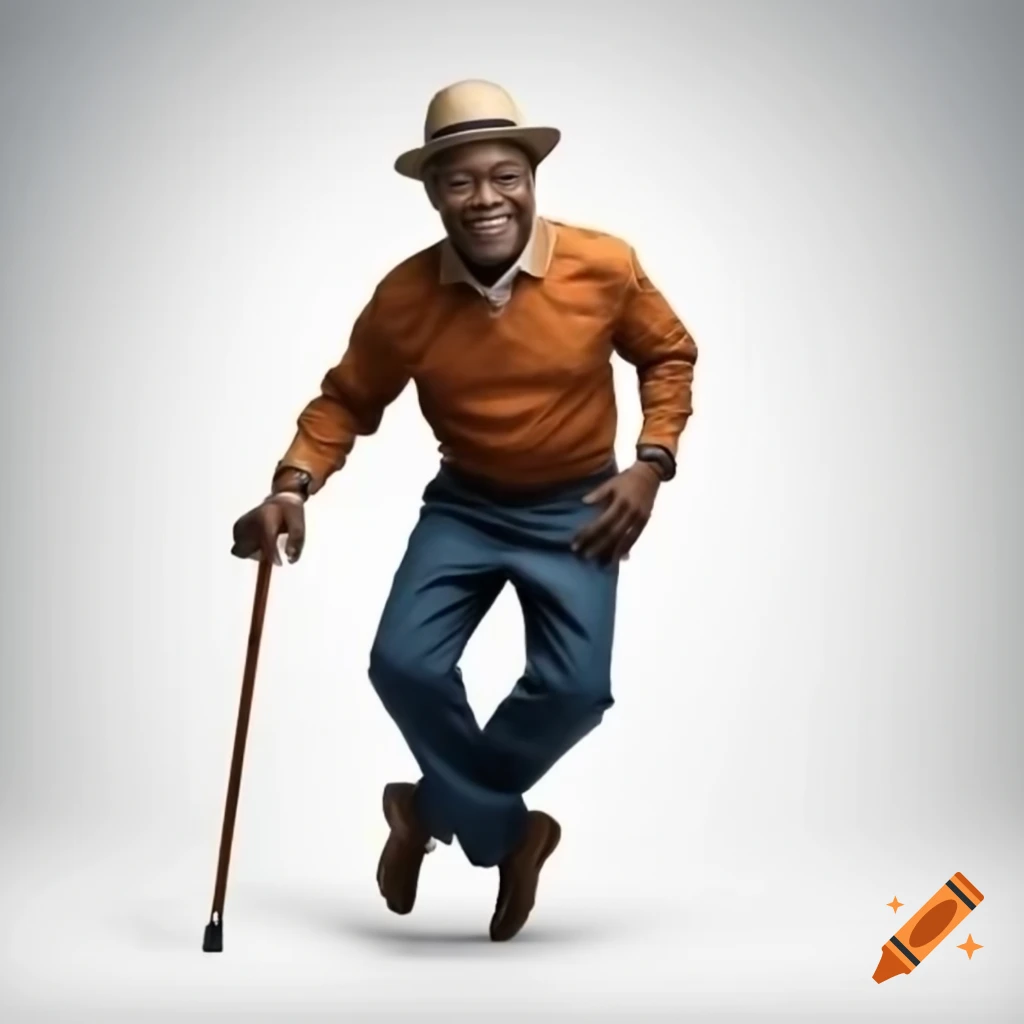 Full length portrait of smiling 70-year-old black man dancing with cane ...