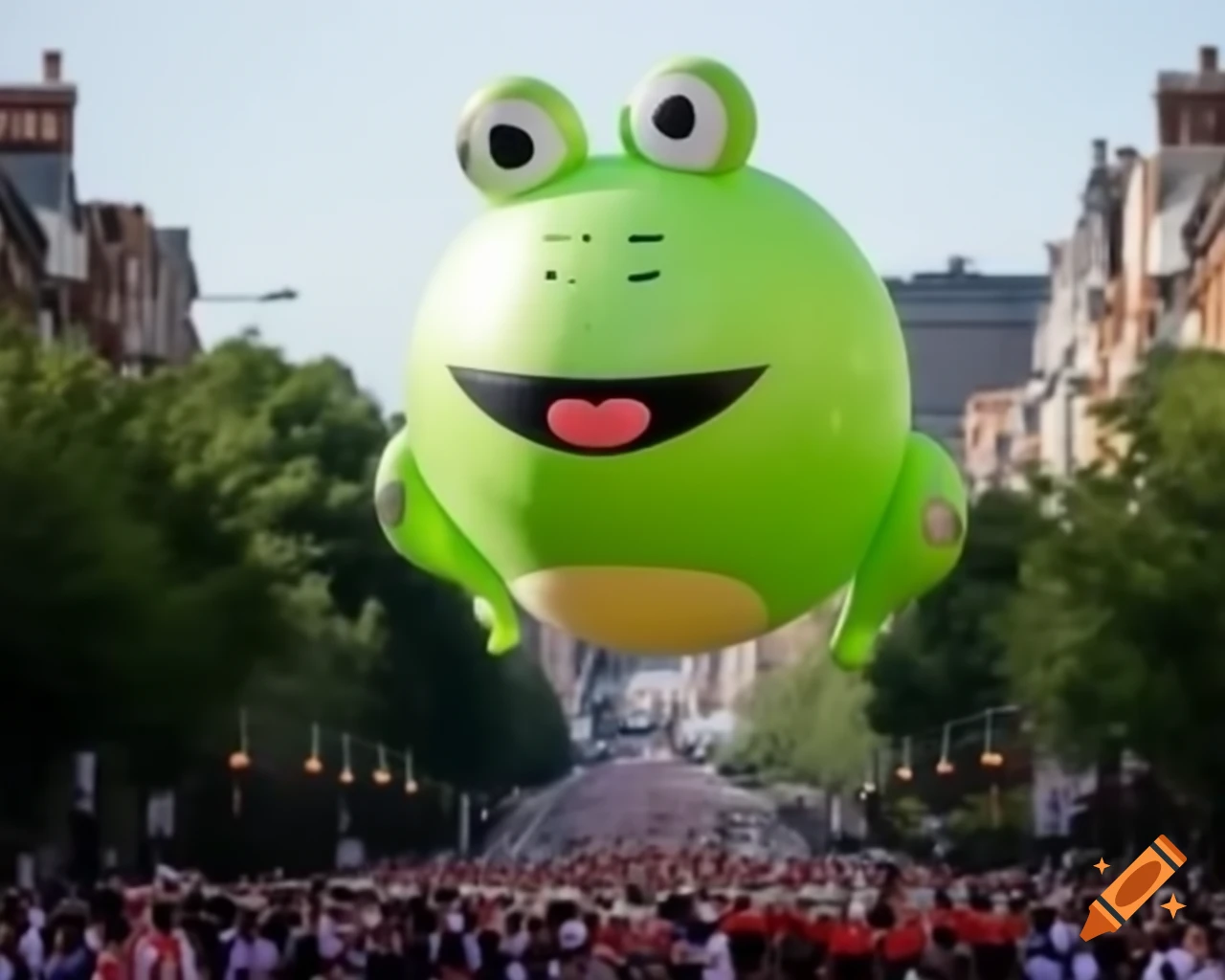 Giant parade balloon of happy frog floating above crowded street on Craiyon