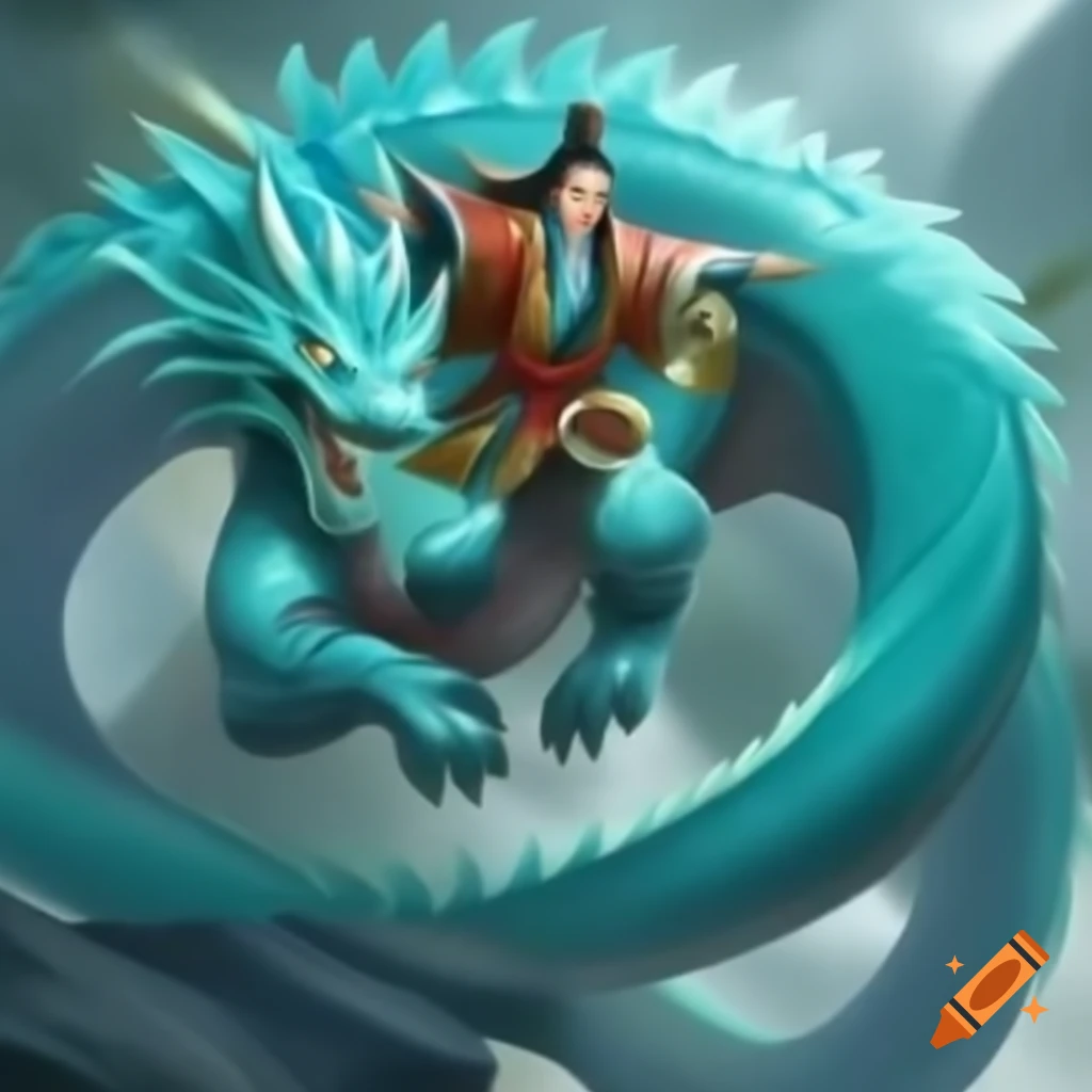 Asian king riding a turquoise blue dragon on Craiyon