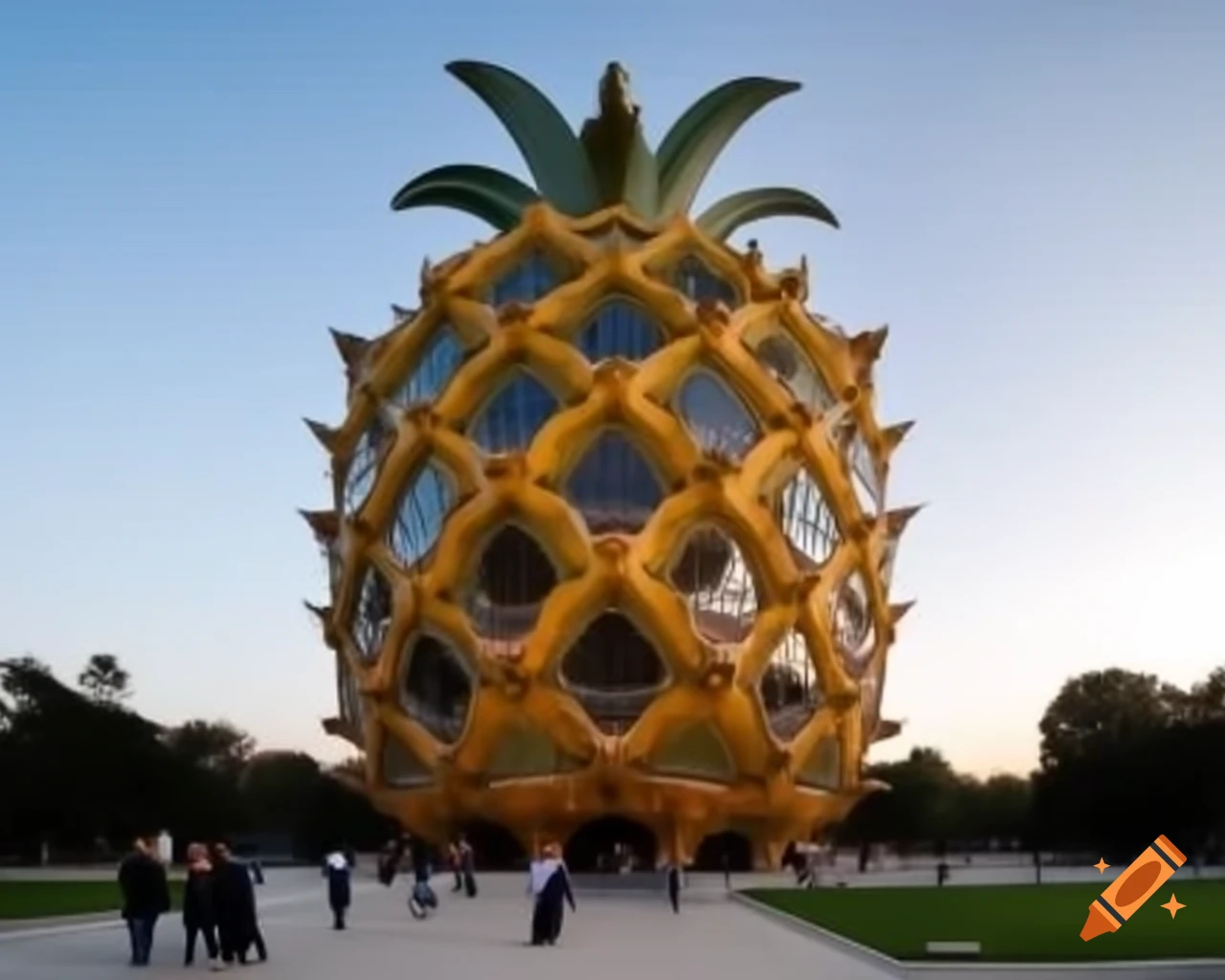 Sinister pineapple house with glass windows in times square, solarpunk ...