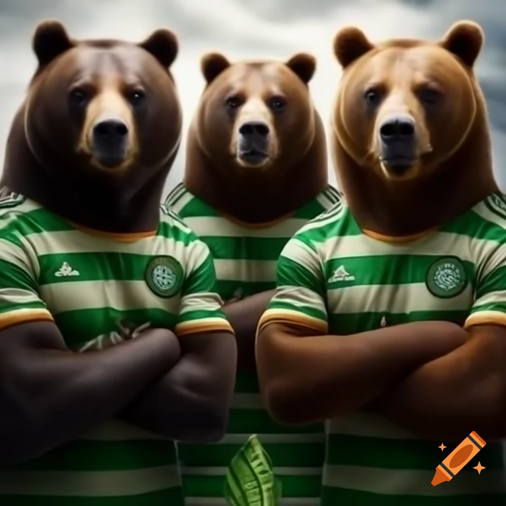 Five bears dressed in celtic jerseys on Craiyon