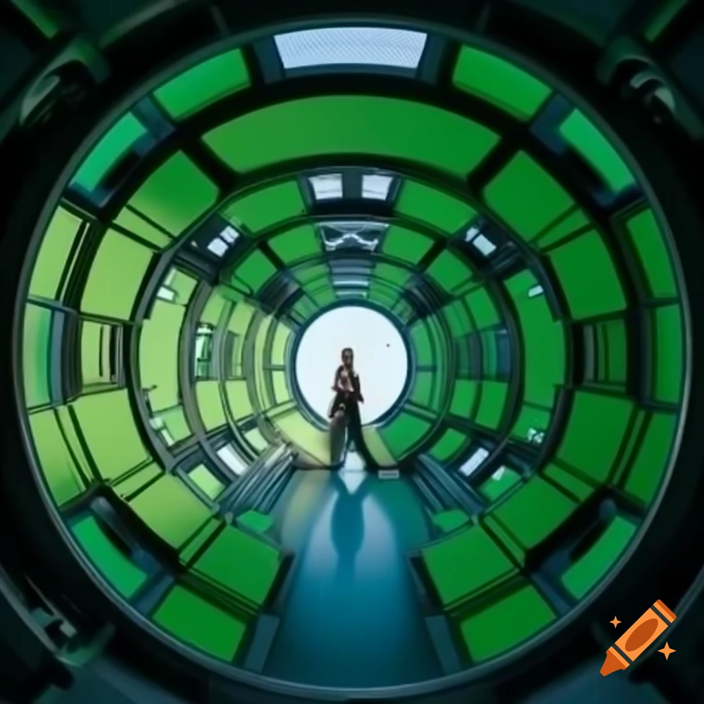 Art studio aboard a spaceship with large oval windows and green silver ...