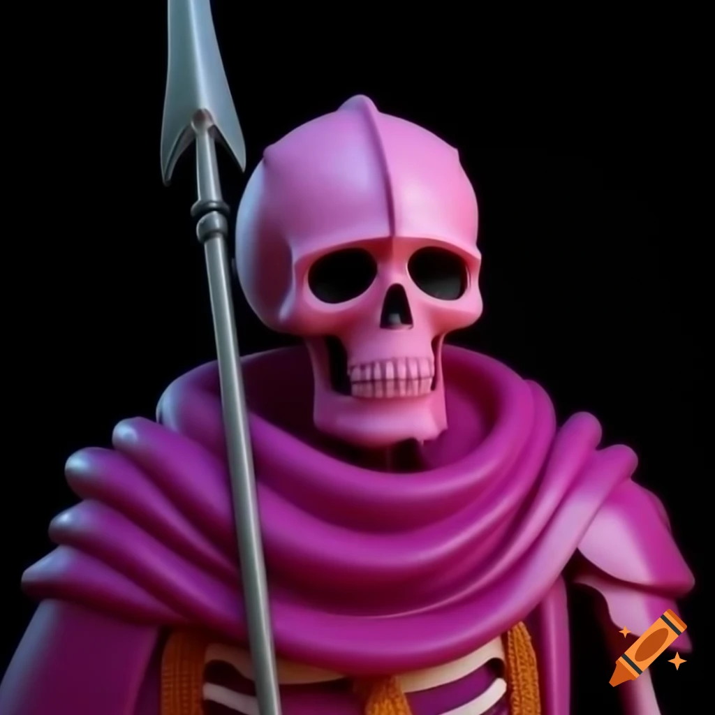 Pink skeleton knight holding spear, without helmet on Craiyon