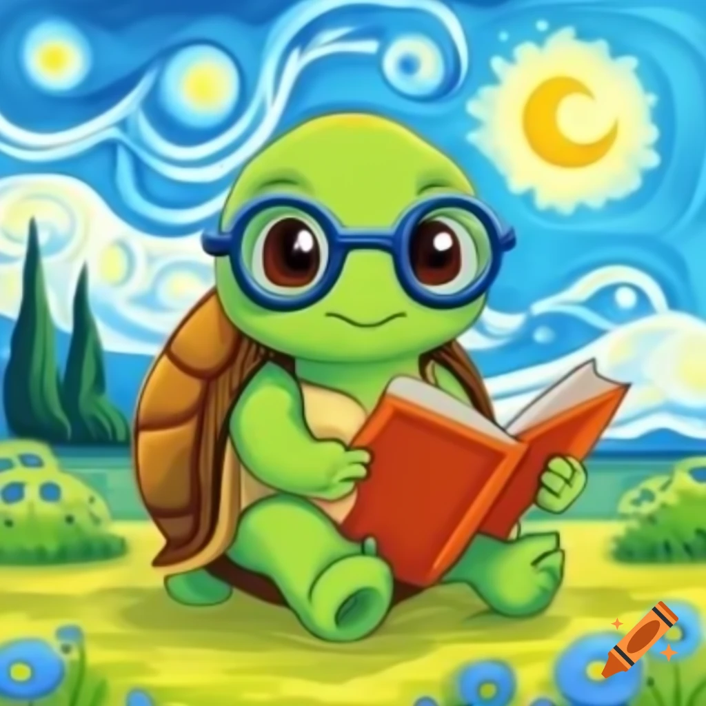 Cartoon turtle with glasses reading book in Van Gogh style background ...