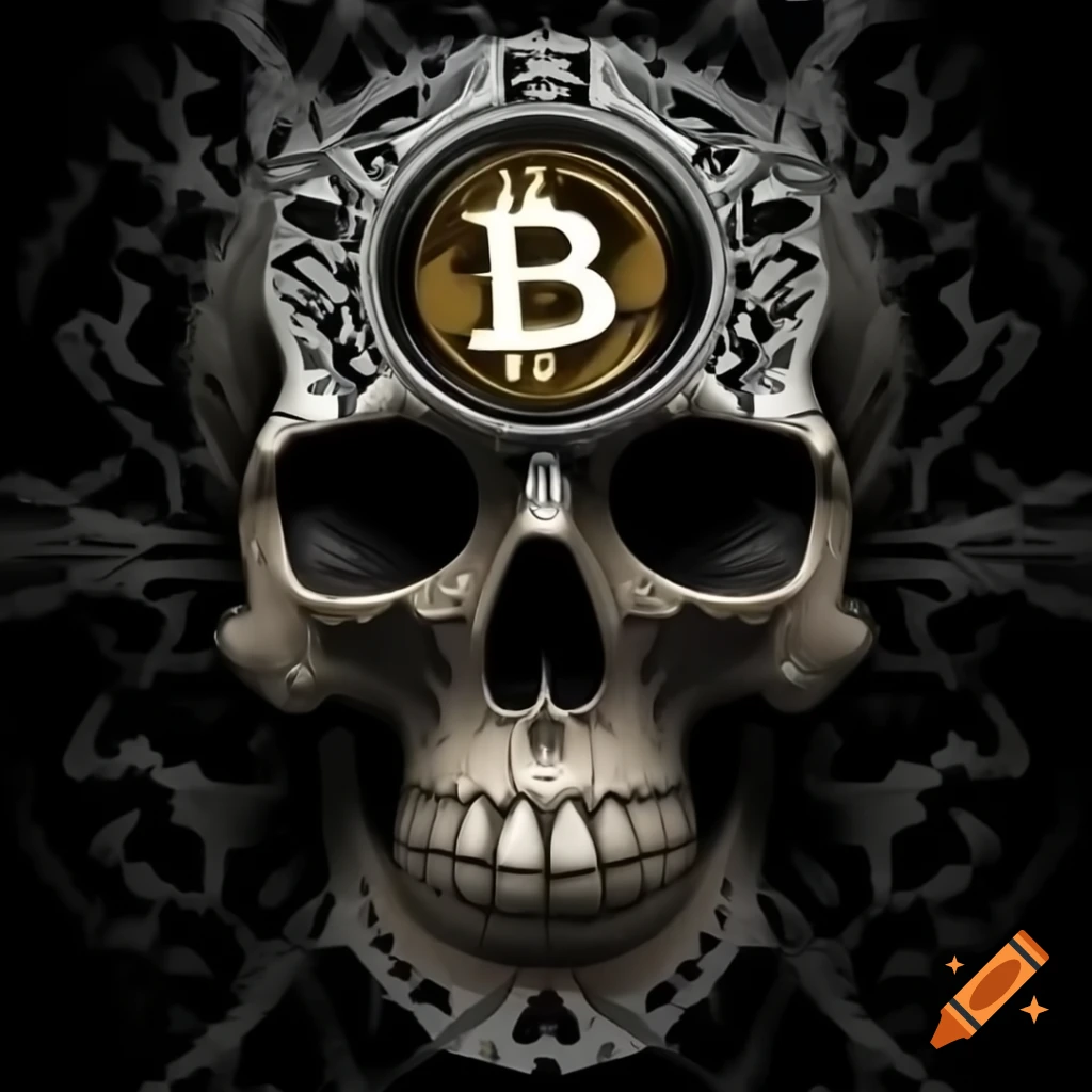 Occult skull featuring bitcoin logo and mandelbrot pattern in black and ...