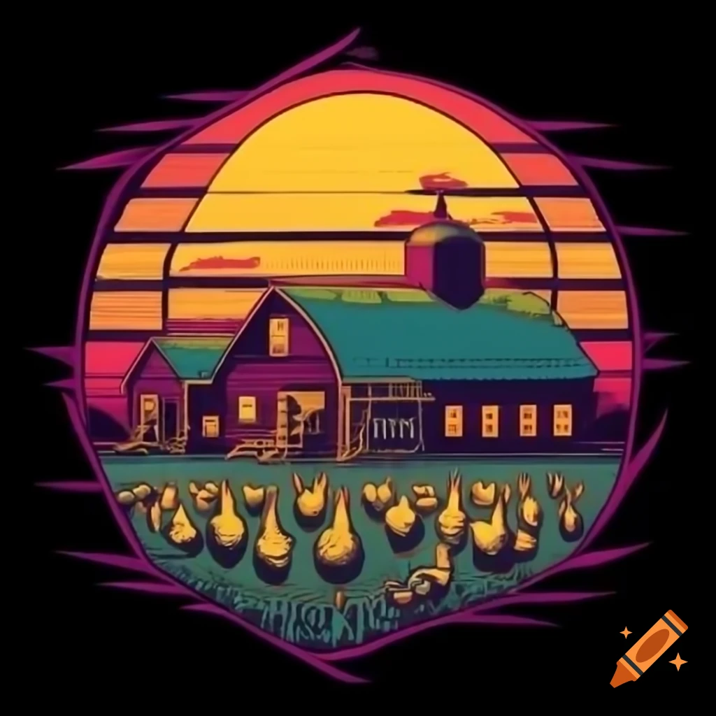 Vintage psychedelic design featuring a chicken farm at sunset on Craiyon