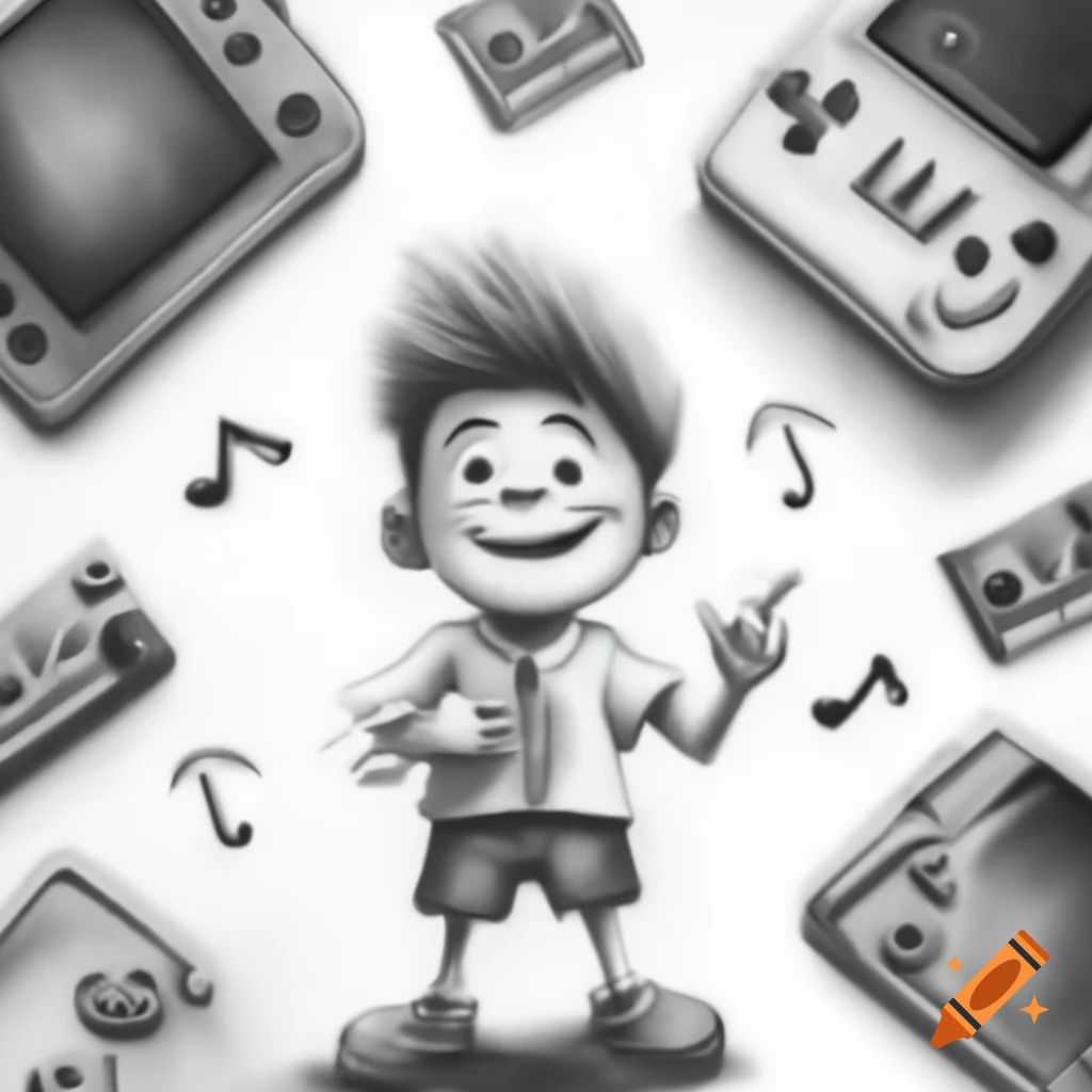 Pencil drawing of a boy surrounded by video games and musical ...