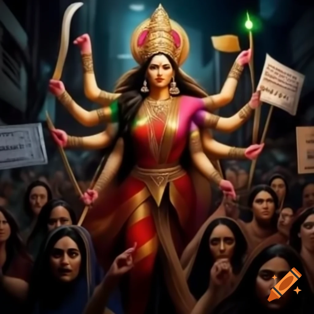 Goddess durga leading women's rally at night holding ten weapons on Craiyon