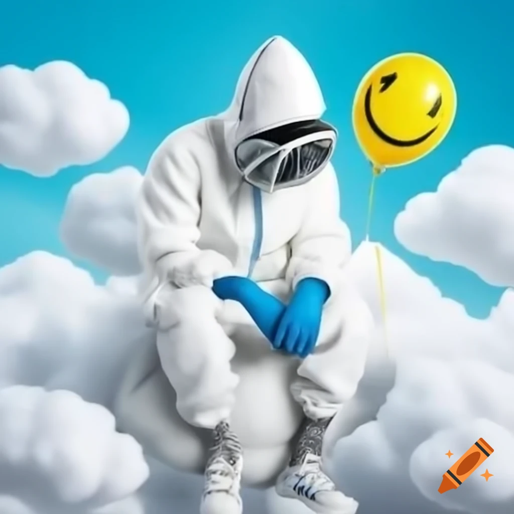 White rapper sitting in clouds holding yellow balloon, contemplating ...