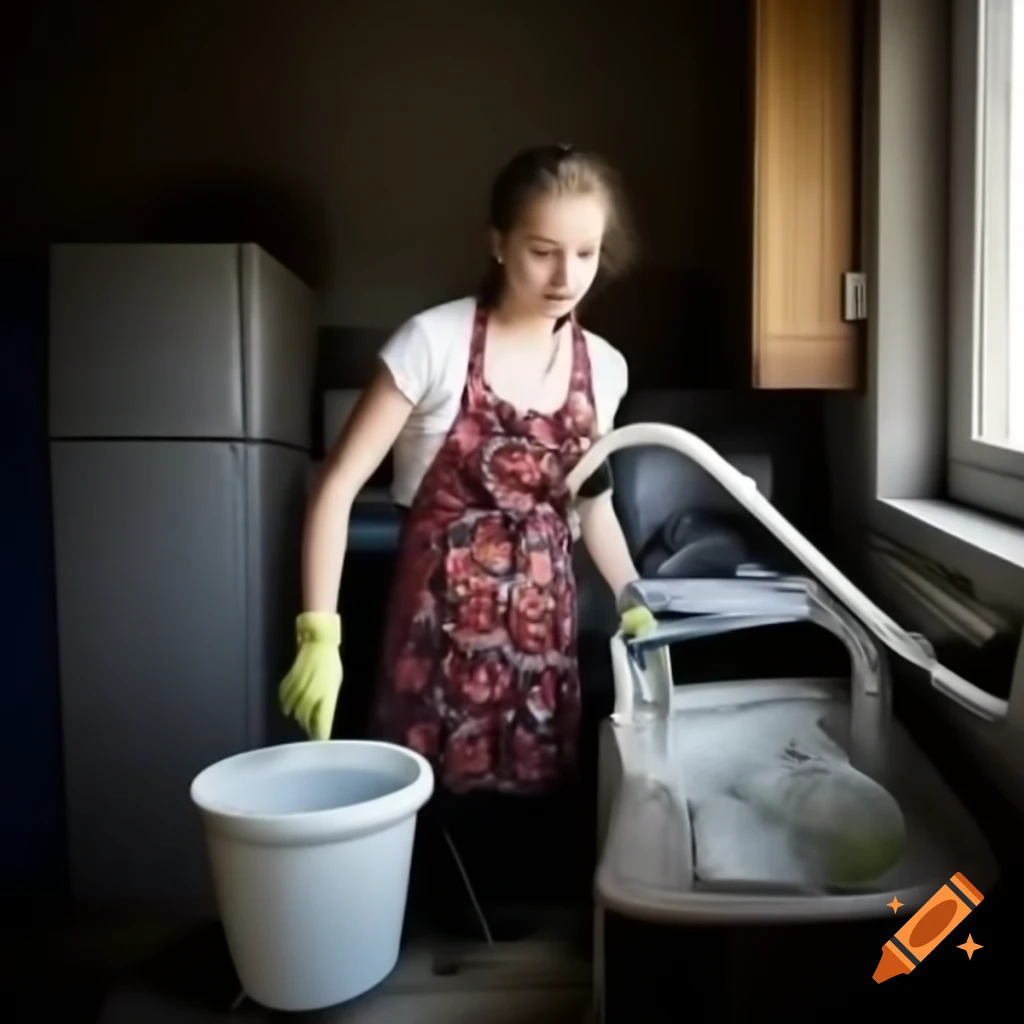 Caucasian housewife in floral apron collecting soapy water from washing ...
