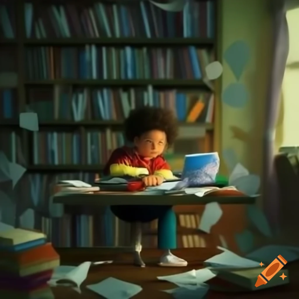 Messy student bookshelf filled with books and stationery on Craiyon