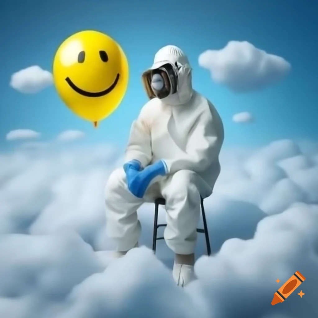 Rapper in hazmat suit sitting in clouds holding yellow balloon on Craiyon