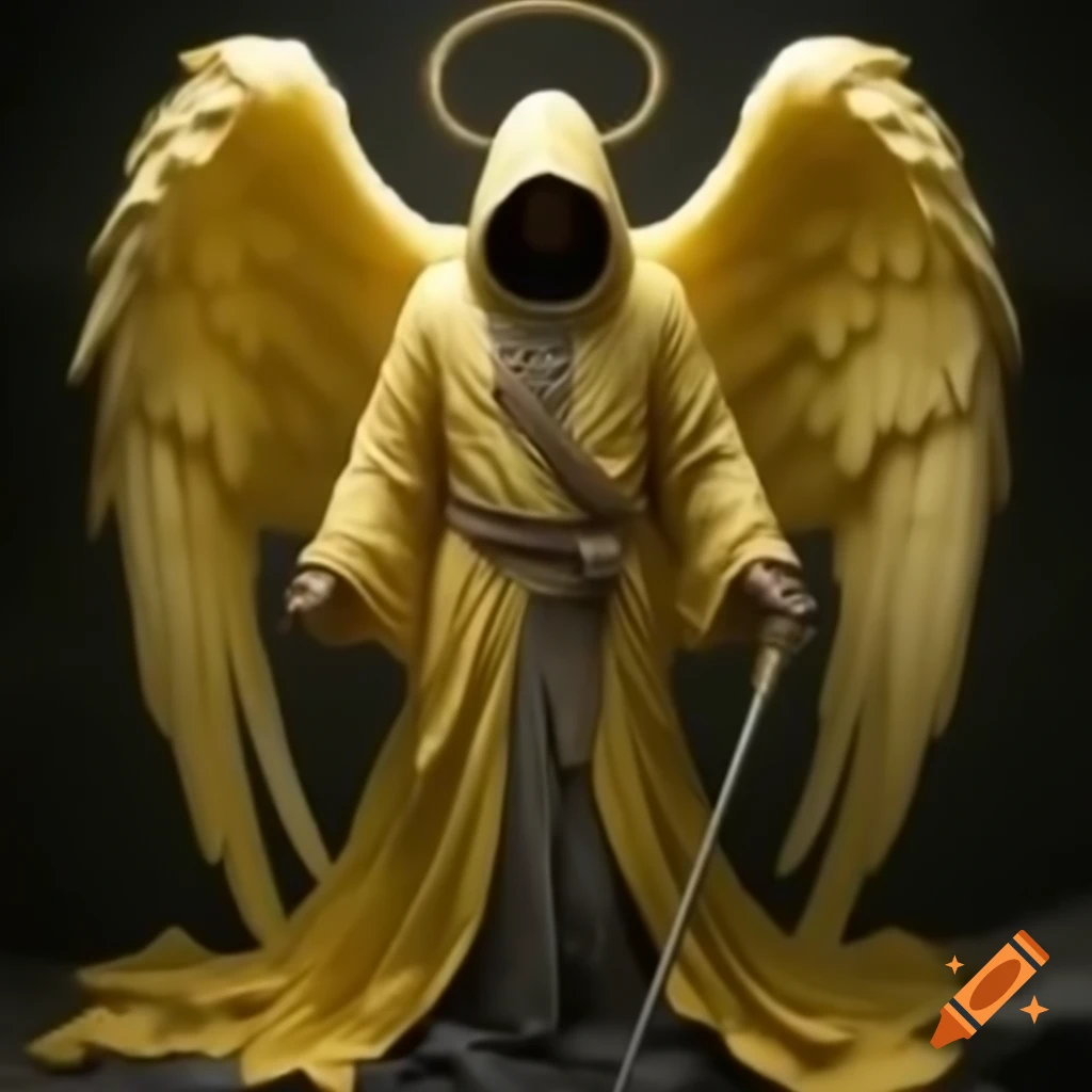Realistic yellow angel with wings, hood, and sword on Craiyon