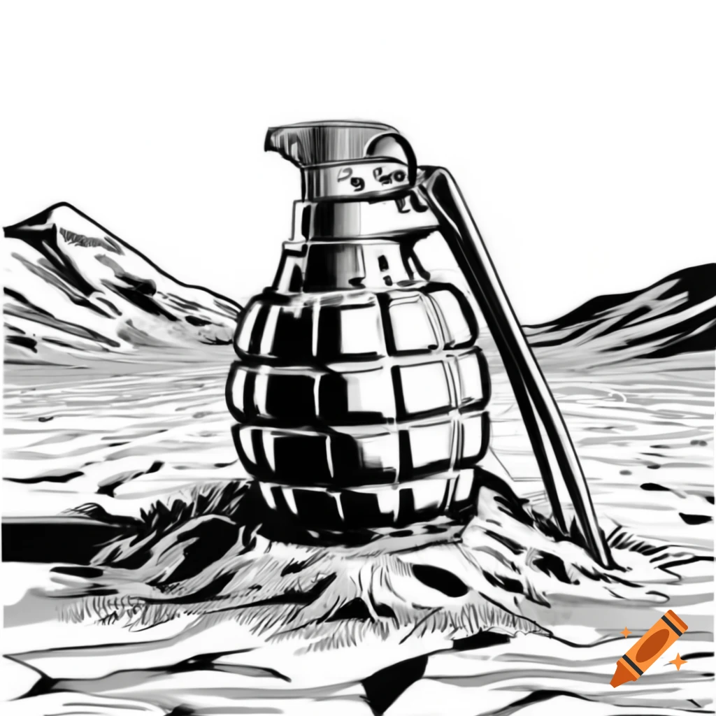 Black and white drawing of 40k plasma grenade on desert sand in vintage ...