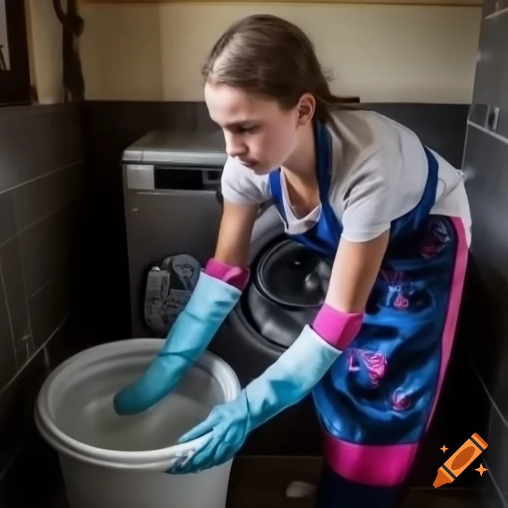 Caucasian cleaning lady collecting soapy water from washing machine in ...