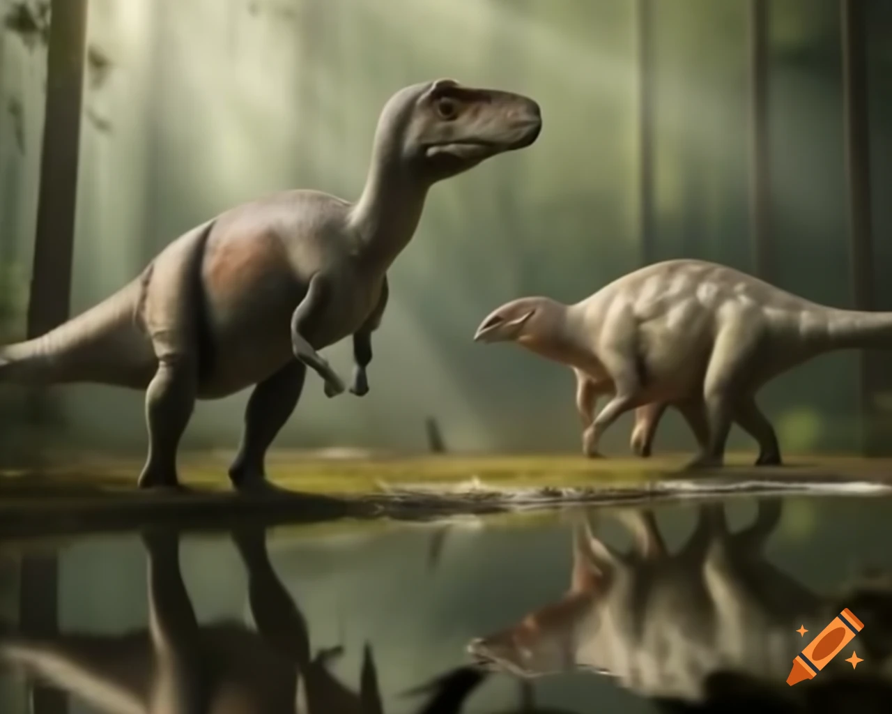 Grey and cinnamon crested parasaurolophus dinosaurs walking by a forest ...
