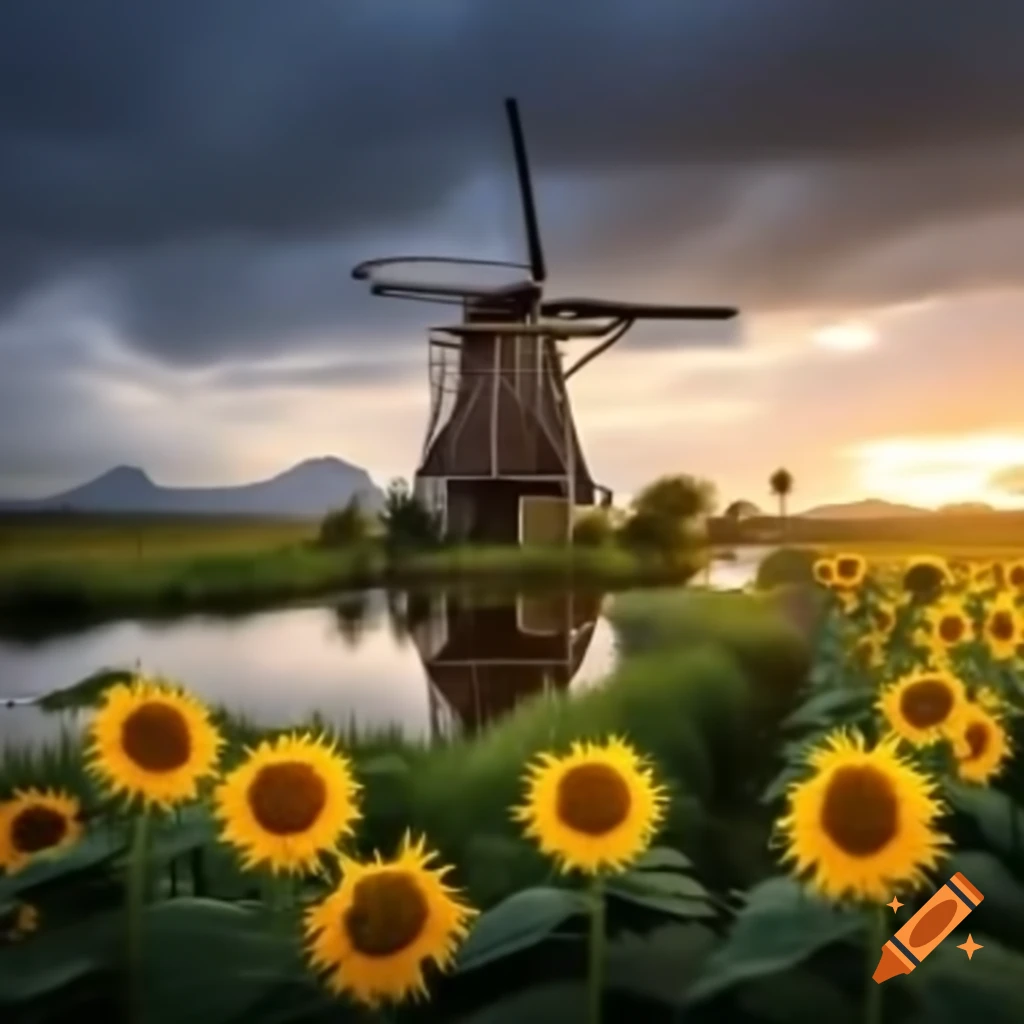 Panoramic landscape of broken dutch windmill by river in sunflower field during sunset with ...