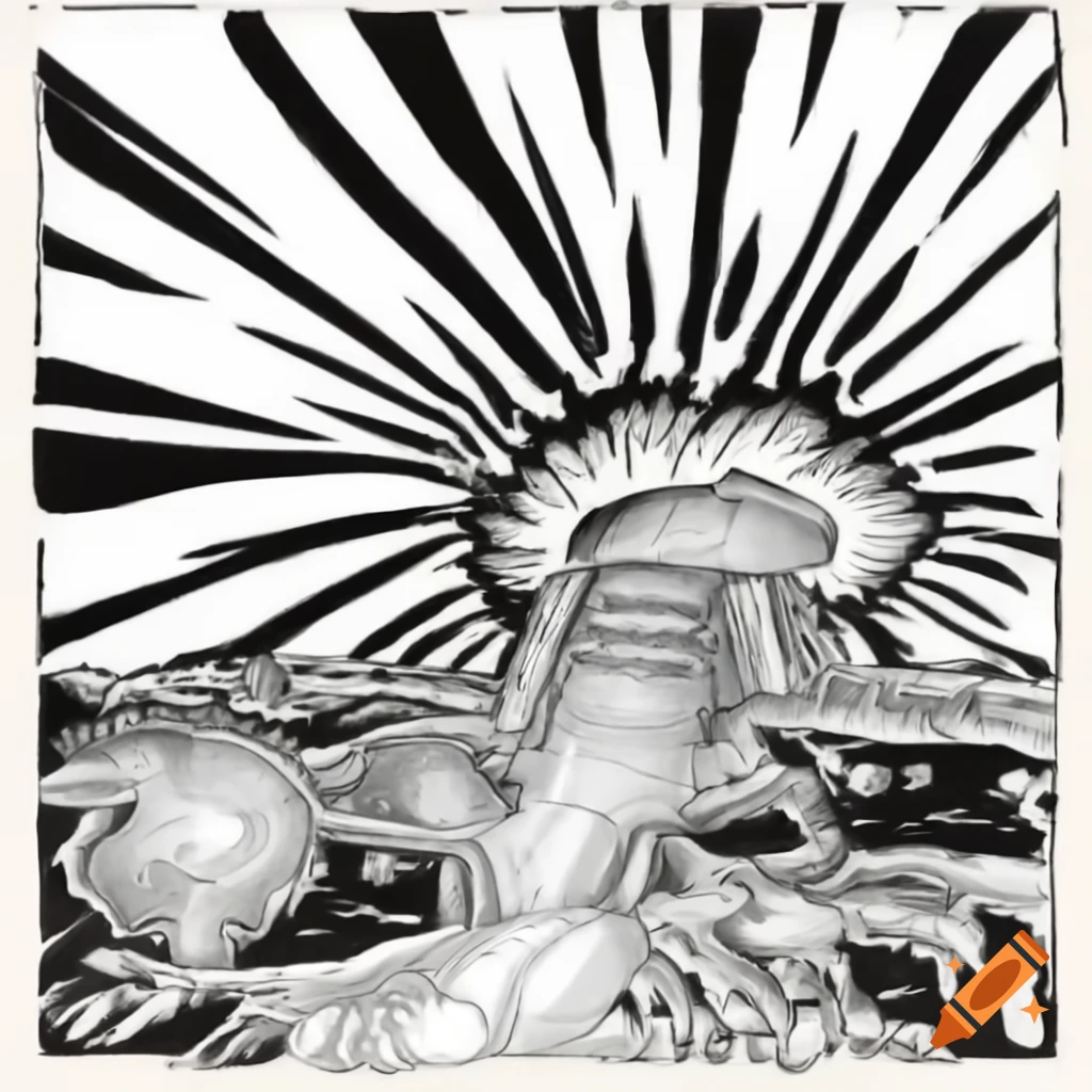 Black and white ink drawing of a land-mine in arctic setting, vintage ...