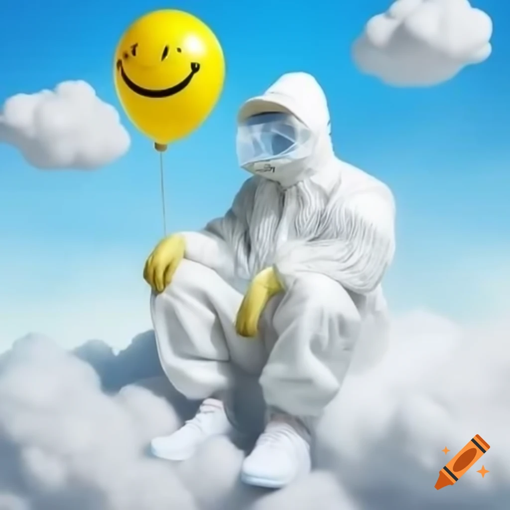 White rapper sitting in clouds holding yellow balloon, contemplating ...