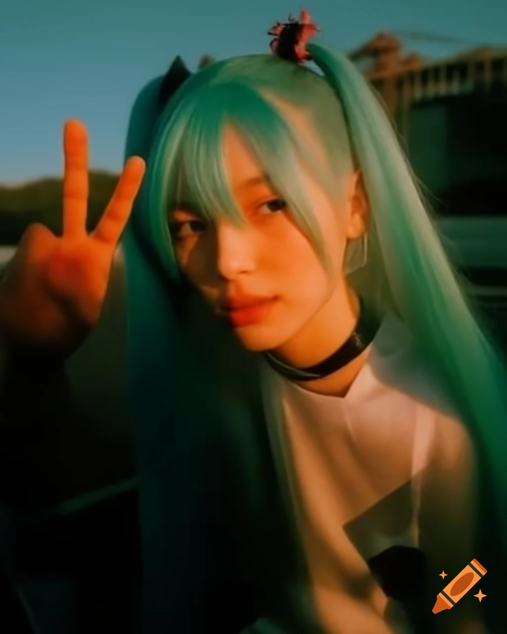 Vintage photo of miku hatsune actress making peace sign at comiket ...