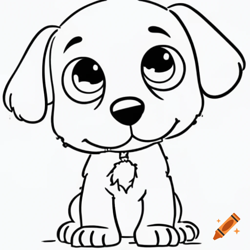 Cartoon puppy coloring page for kids with black and white design on Craiyon