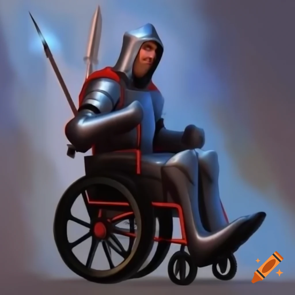 Fantasy overweight knight on wooden mobility scooter, with large ...