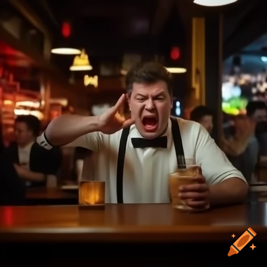 Angry man sitting at a bar on Craiyon